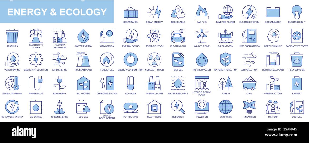 Energy and ecology web icons set in blue line design. Pack of solar ...