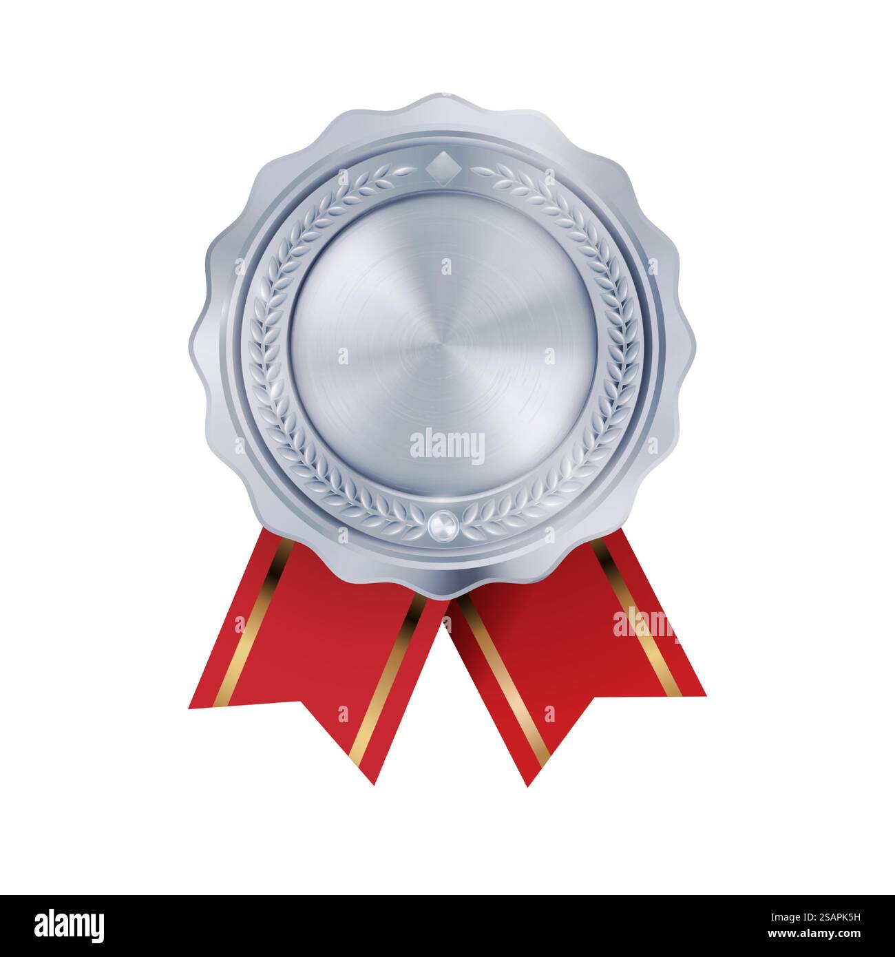 Shiny realistic empty silver award medal with red ribbon rosettes on ...