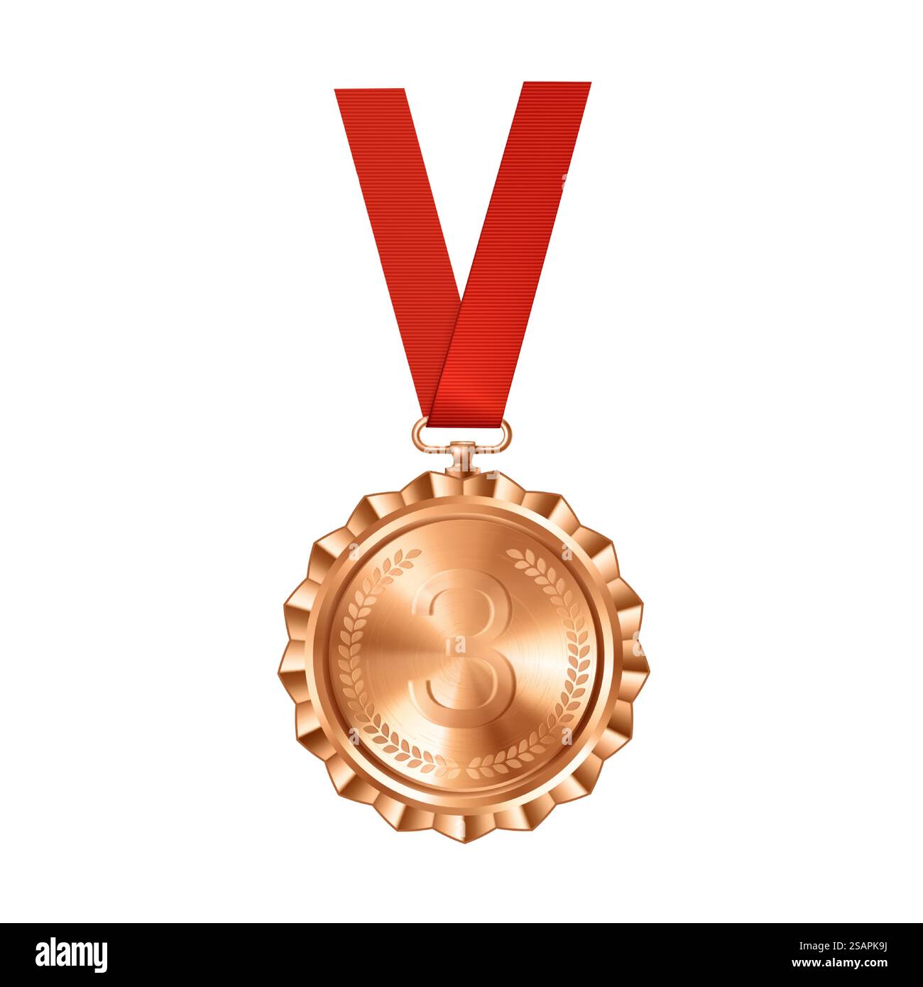 Realistic bronze medal on red ribbon with engraved number three. Sports ...