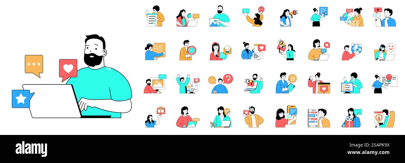 Social media concept with people situations mega set in flat web design ...