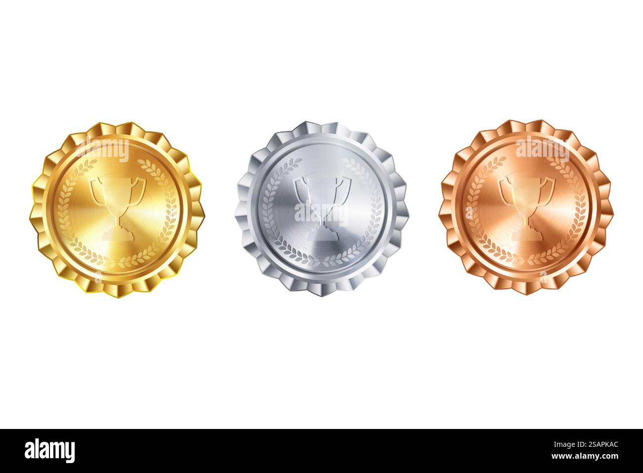 Gold, silver, and bronze cup shaped medals with engraved details ...