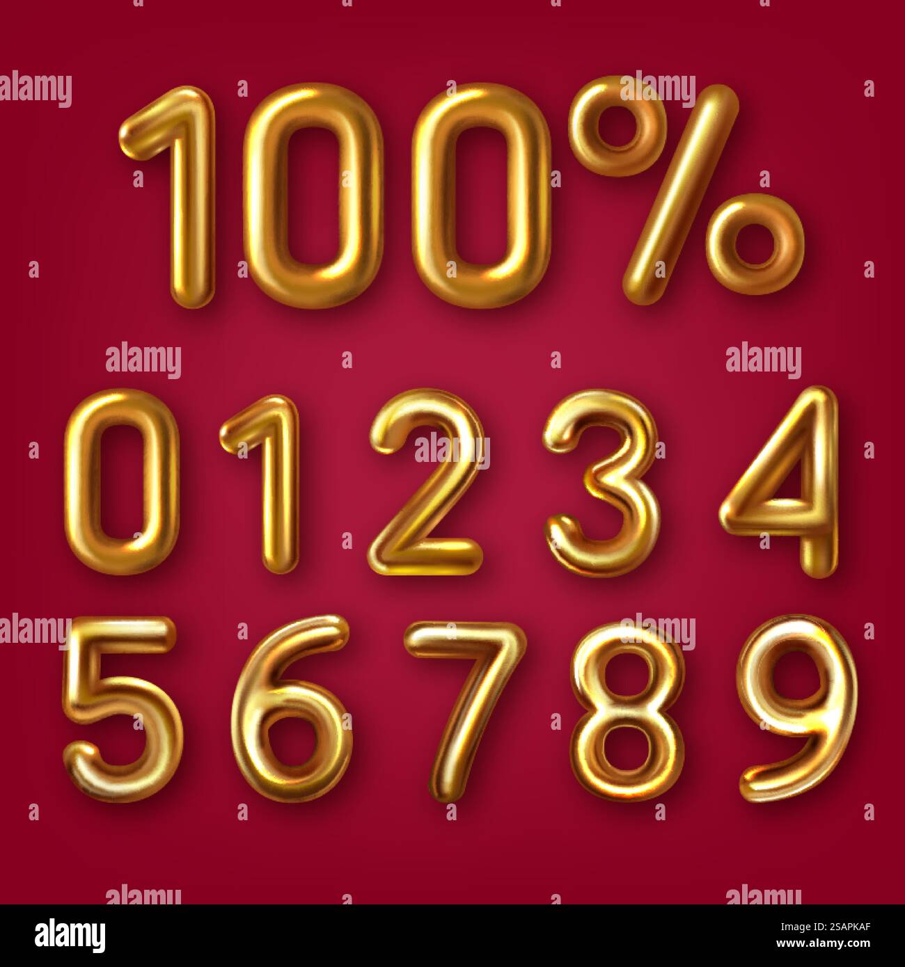 Set of 3d golden embossed numbers with percent sign on white background ...