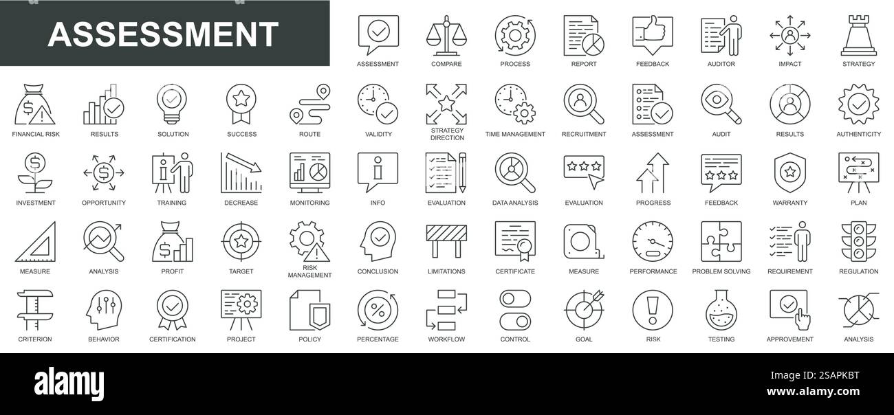 Assessment web icons set in thin line design. Pack of process, report, feedback, auditor ...