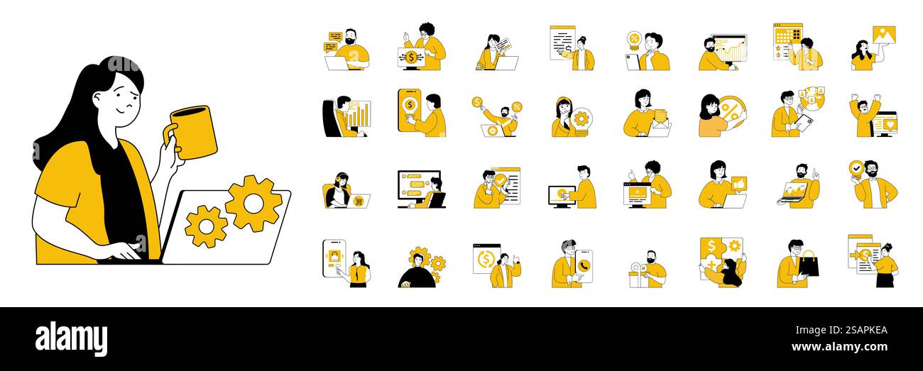 Digital business concept with people situations mega set in flat web design. Bundle scenes of ...
