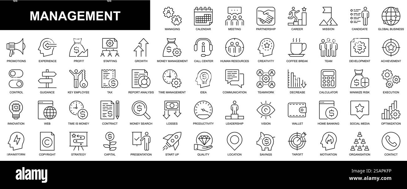 Management web icons set in thin line design. Pack of meeting ...