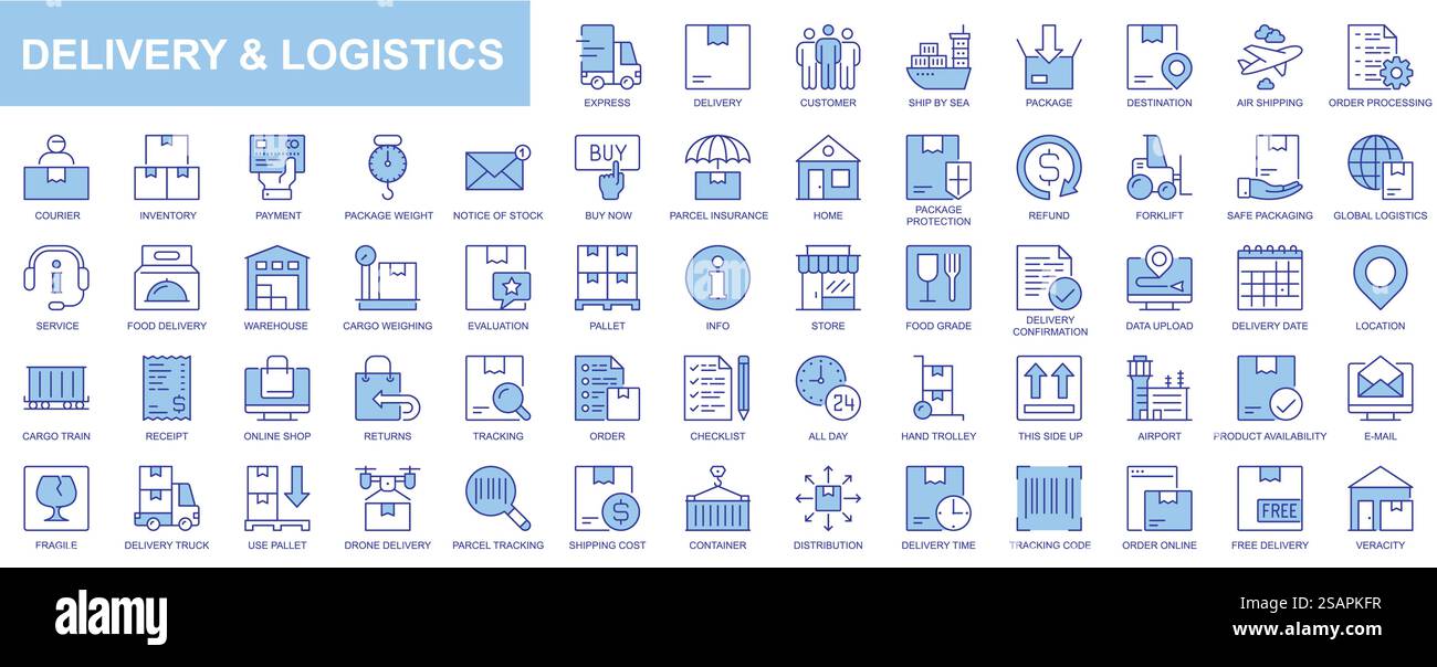 Delivery and logistics web icons set in blue line design. Pack of ...