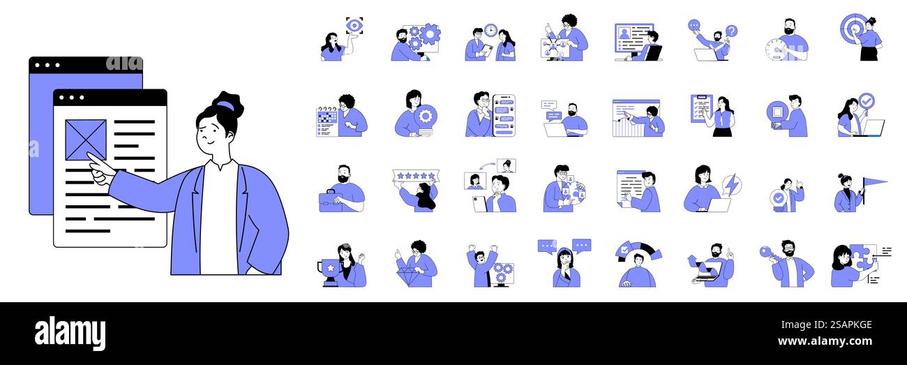 Teamwork concept with people situations mega set in flat web design. Bundle scenes of ...