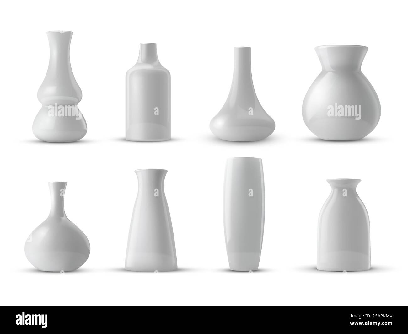 Realistic collection of white ceramic porcelain vase. 3d ceramic glossy ...