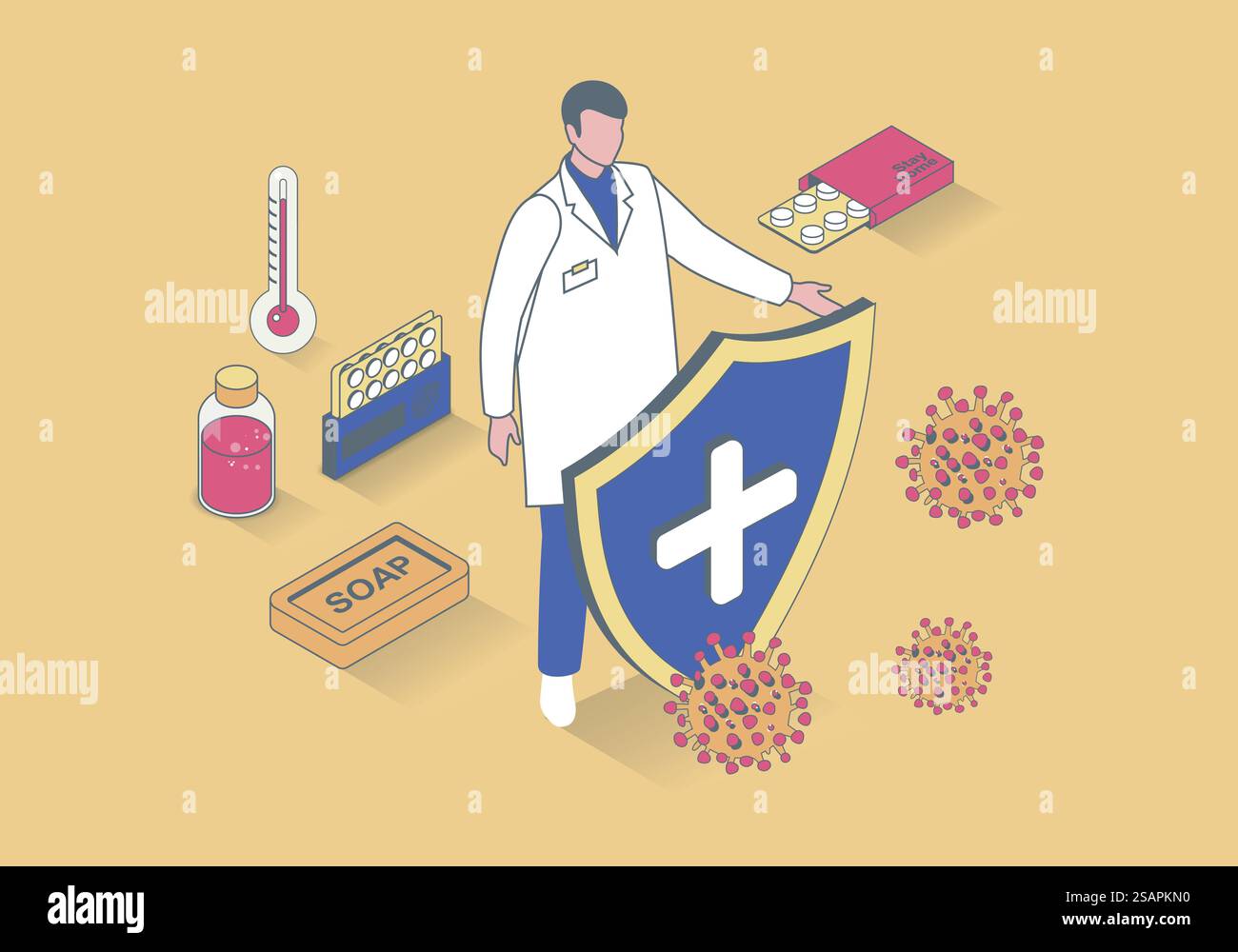 Stop coronavirus concept in 3d isometric design. Doctor with shield ...