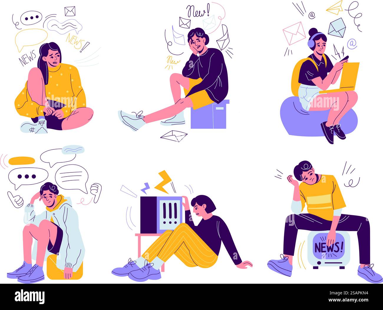 Information stress people. Endless data flow, tired characters with ...