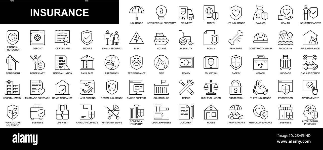 Insurance web icons set in thin line design. Pack of intellectual ...