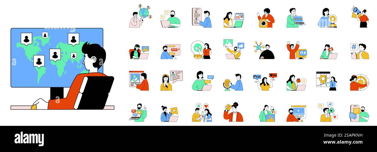 Social network concept with people situations mega set in flat web ...
