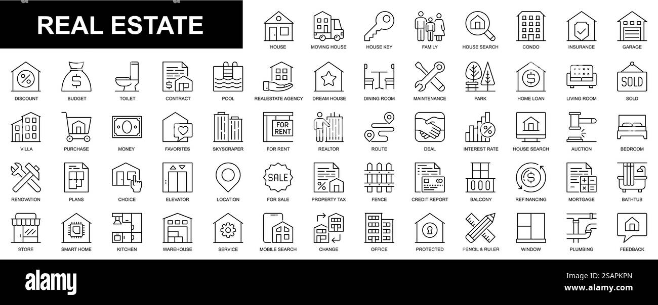 Real estate web icons set in thin line design. Pack of house, moving ...