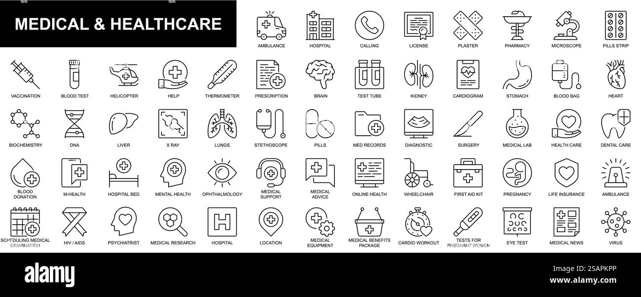 Medical and healthcare web icons set in thin line design. Pack of ...