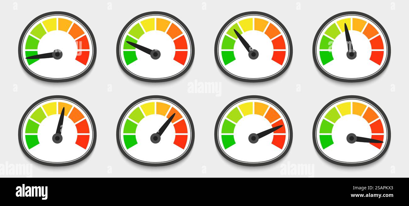 Set of gauge measuring indicator icons. Speedometer, measure indicator ...