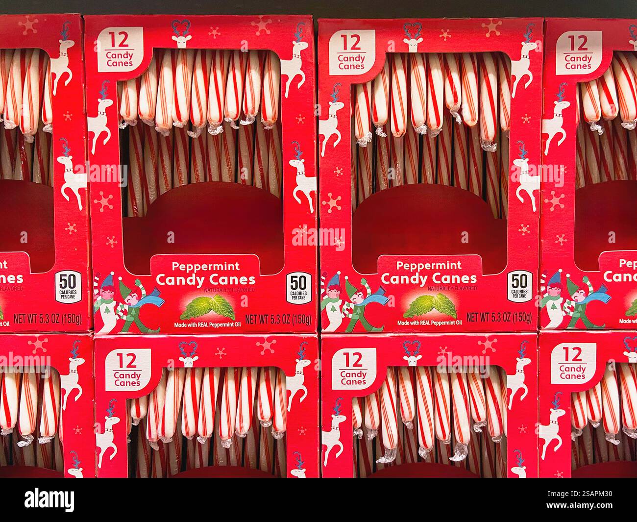 Boxes of peppermint candy canes on display at supermarket Stock Photo ...