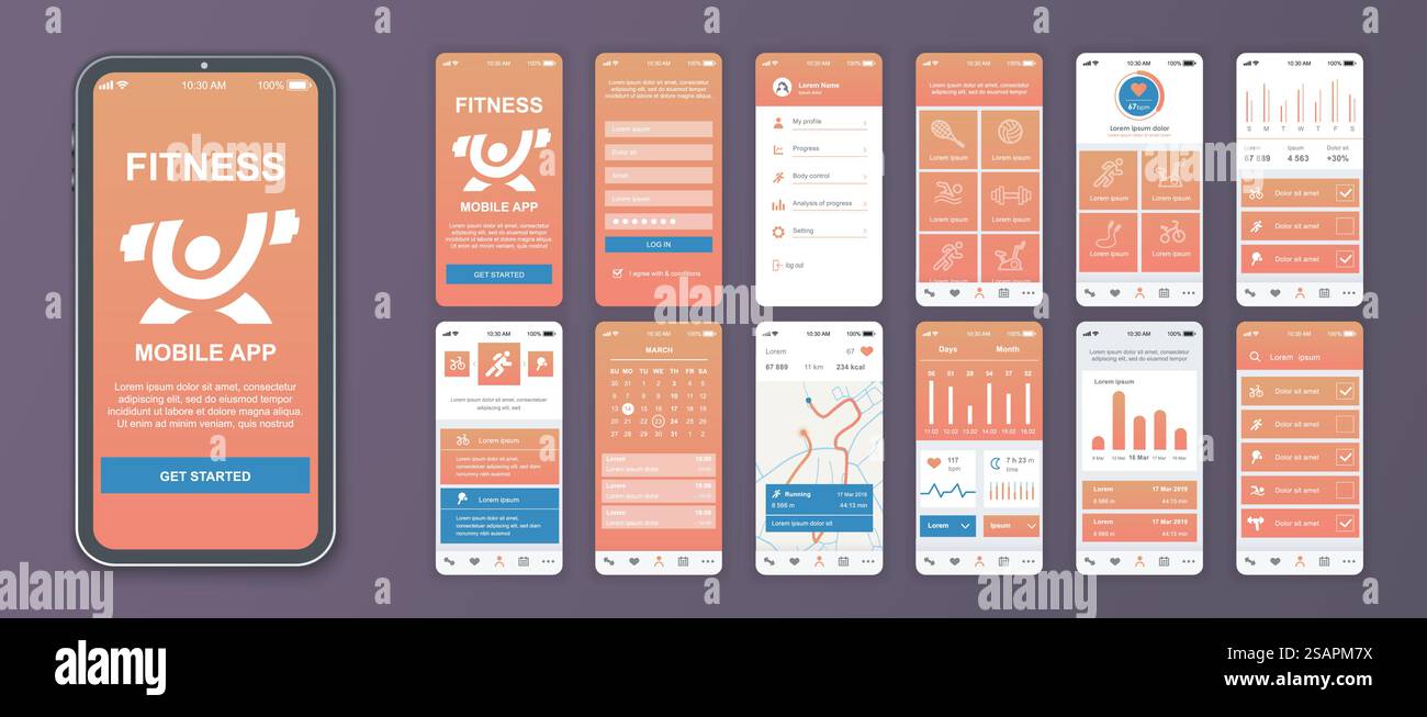 Fitness mobile app interface screens template set. Online account ...