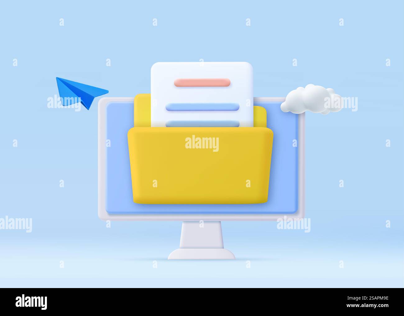 3d File transfer concept. Yellow folder with document on computer monitor. minimal design folder ...
