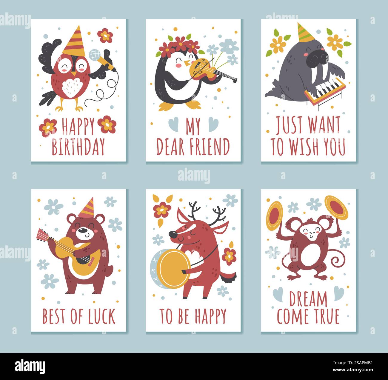 Animals birthday greeting cards. Funny cartoon characters play ...