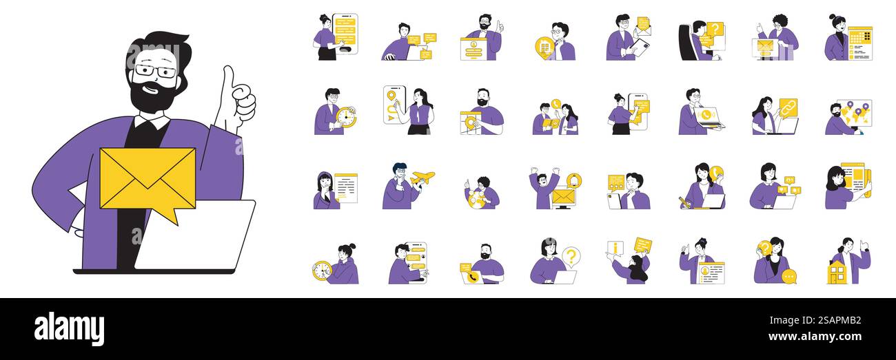 Contact us concept with people situations mega set in flat web design. Bundle scenes of business ...