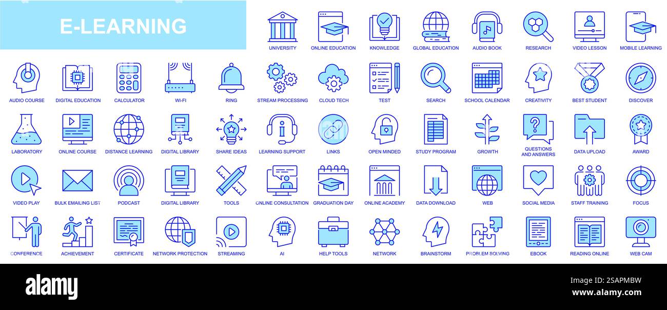 E-learning web icons set in blue line design. Pack of university ...