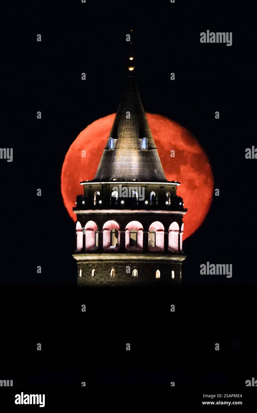 Galata Tower and Full Moon in Istanbul City, Turkiye Stock Photo - Alamy