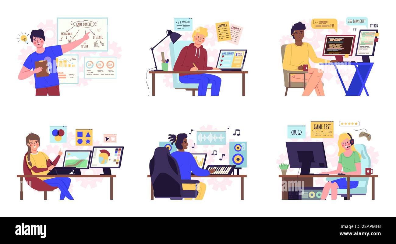 Game developers. Digital gaming industry employee, geek at work ...