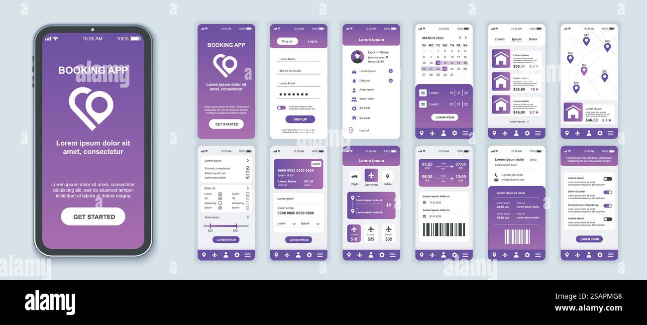 Booking mobile app interface screens template set. Online account ...