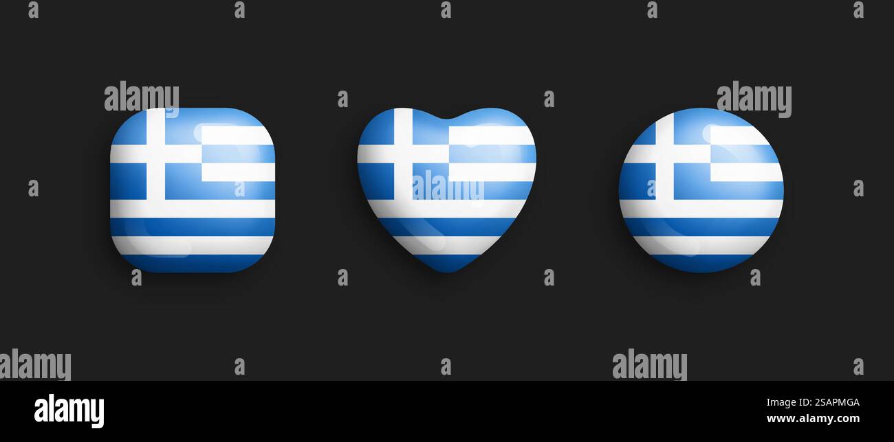 Greece Official National Flag 3D Vector Glossy Icons In Rounded Square ...