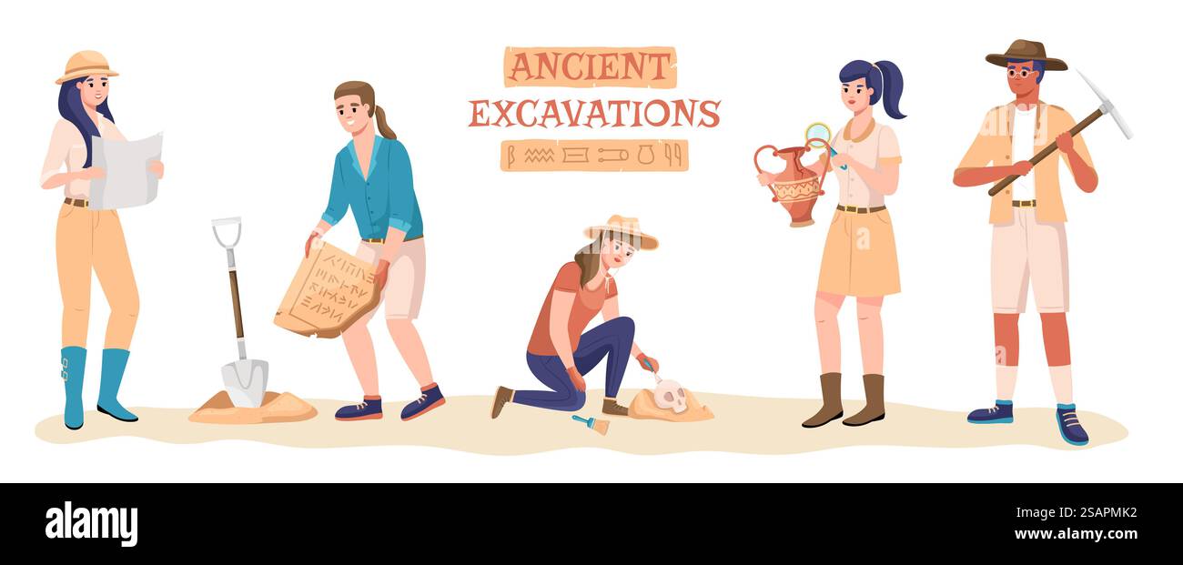 Cartoon archaeologists. People on historical excavations. Antique vases ...