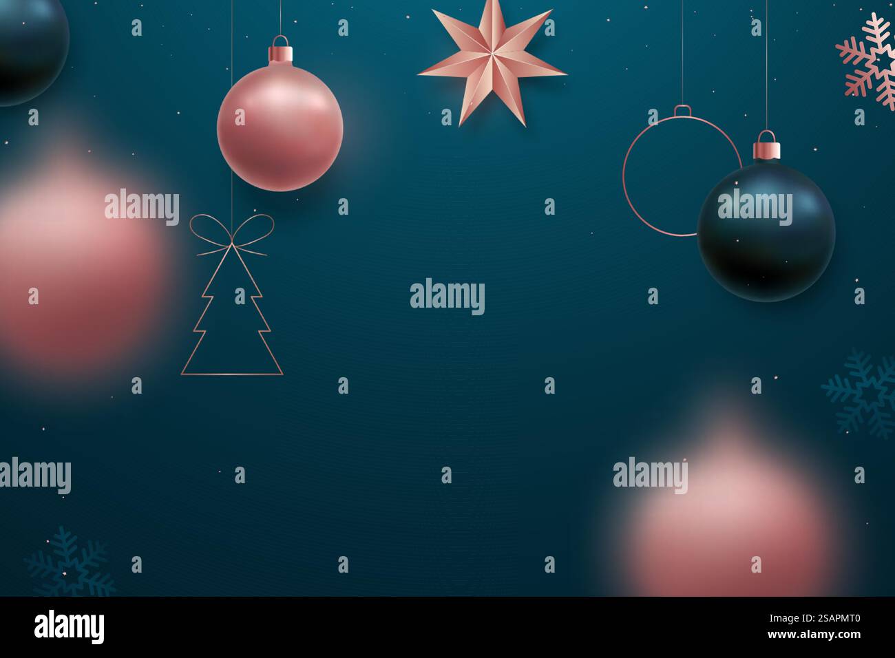 Green Christmas background with hanging rose gold and dark green balls ...