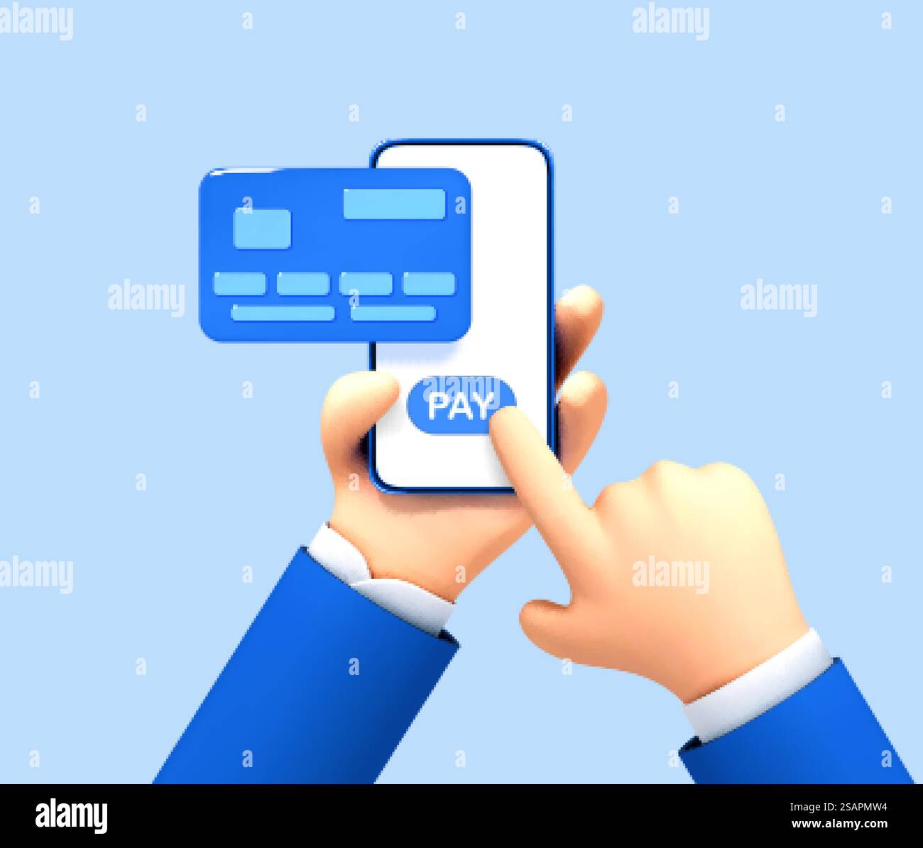 3D cartoon businessman hand hold smartphone with blue credit card on ...