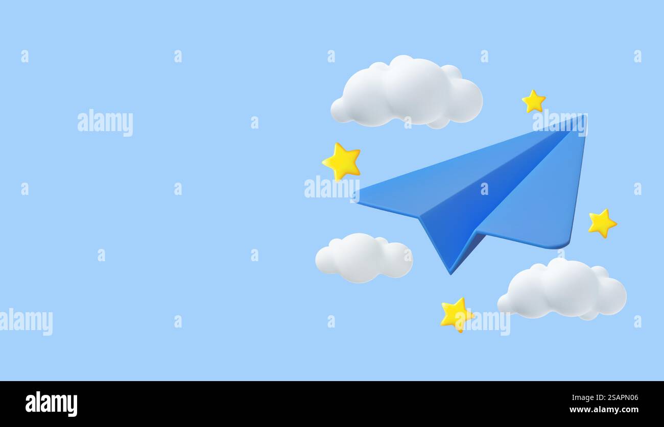 3d paper airplane with clouds Concept Online social network. Business ...