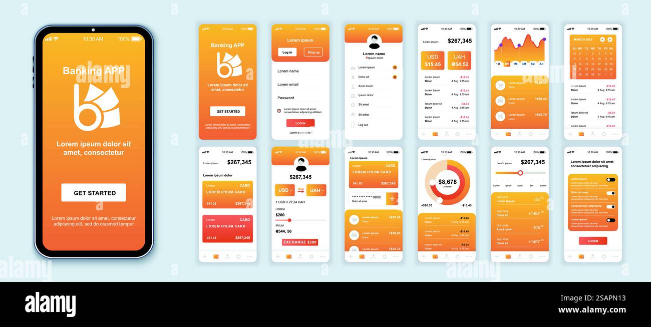 Banking mobile app interface screens template set. Online account ...