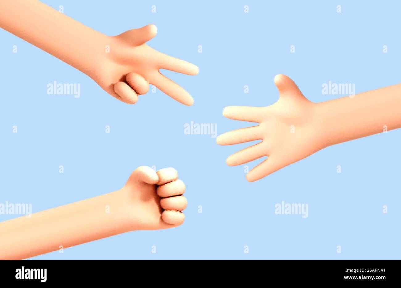 3D cartoon hand gestures. Vector cartoon hands play rock paper scissors ...