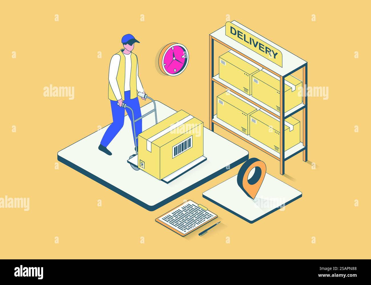 Delivery service concept in 3d isometric design. Man working in ...