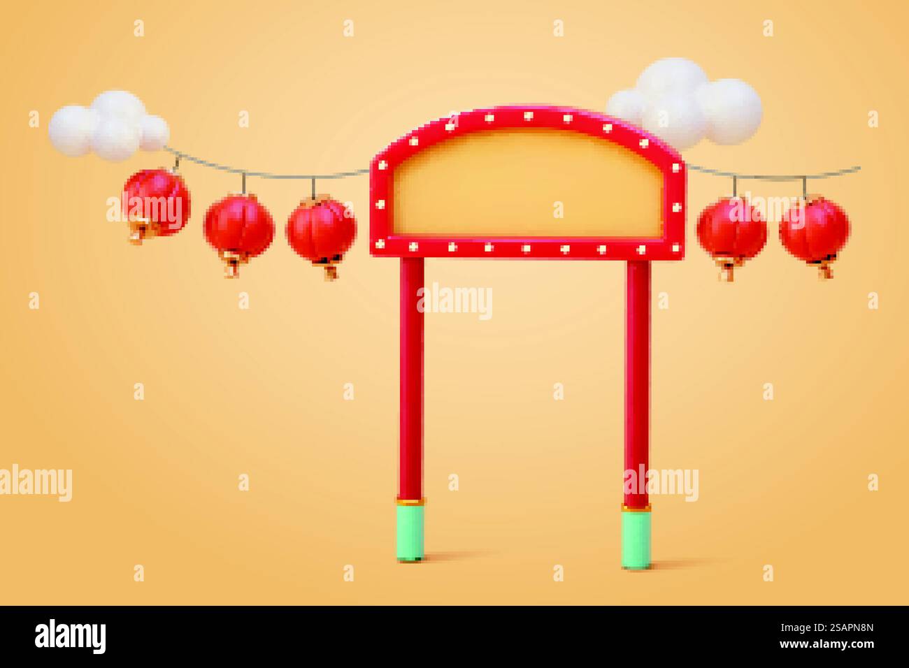 3d cartoon blank signboard with lantern decoration and floating cloud ...