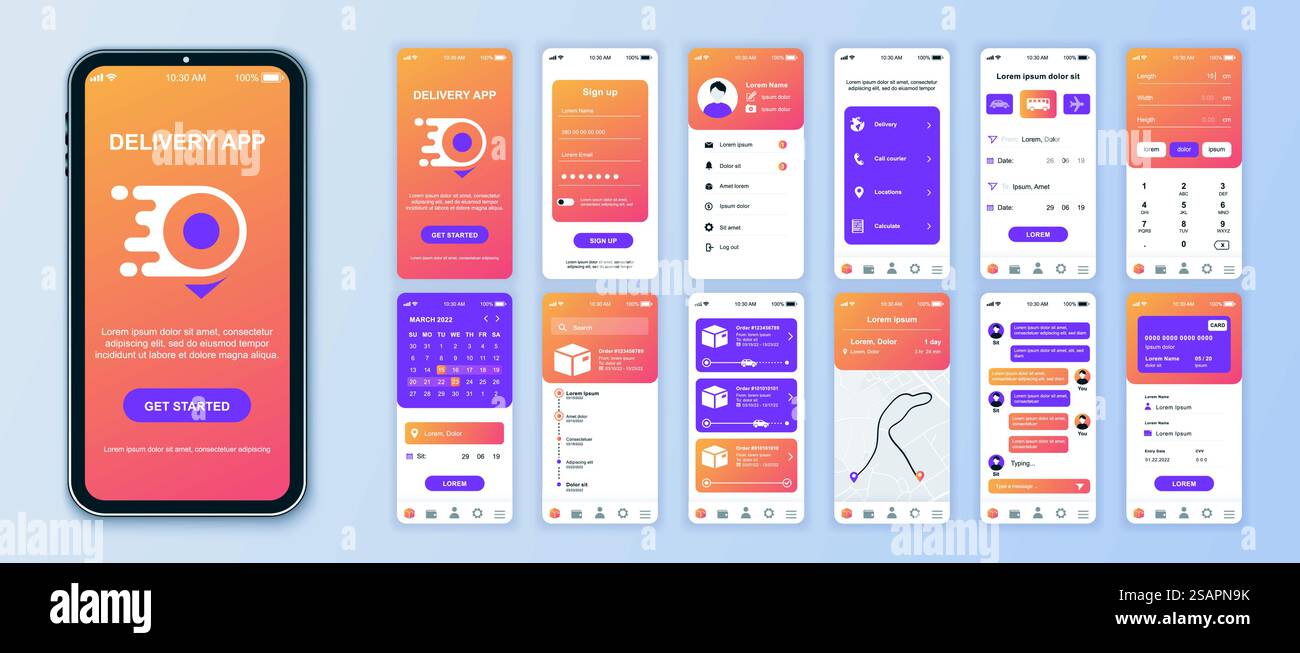 Delivery mobile app interface screens template set online account hi ...