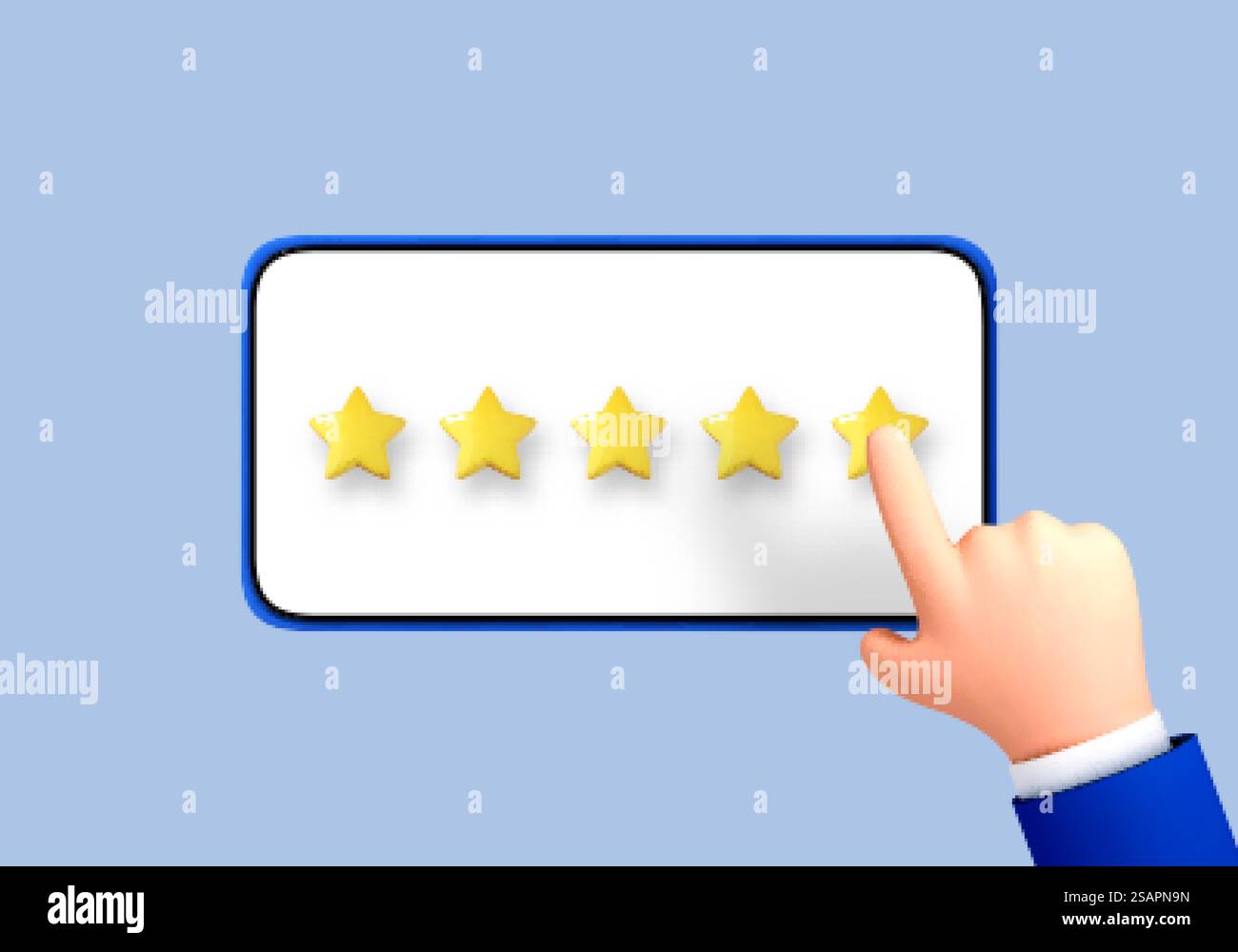 3D cartoon businessman hand using smartphone with pop up five star icon ...