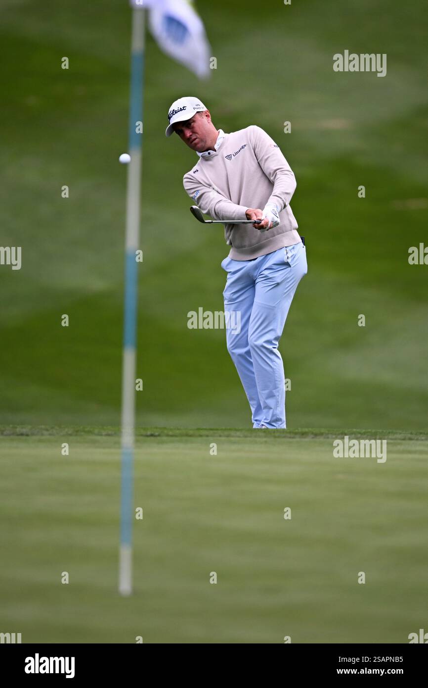 Justin Thomas chips onto the 16th green at Spyglass Hill Golf Course ...