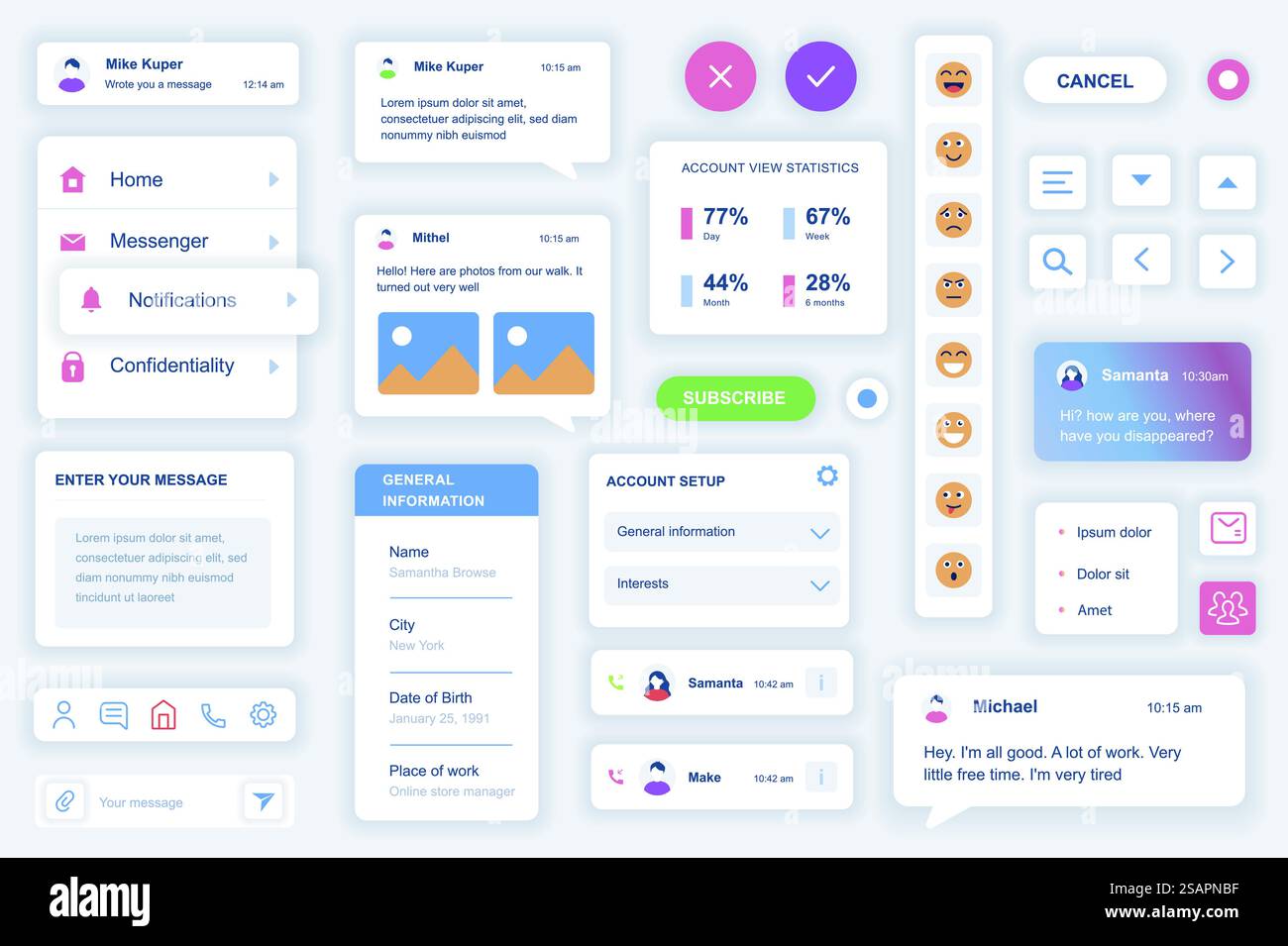User interface elements set for messenger mobile app. Kit template with HUD diagrams, navigation ...
