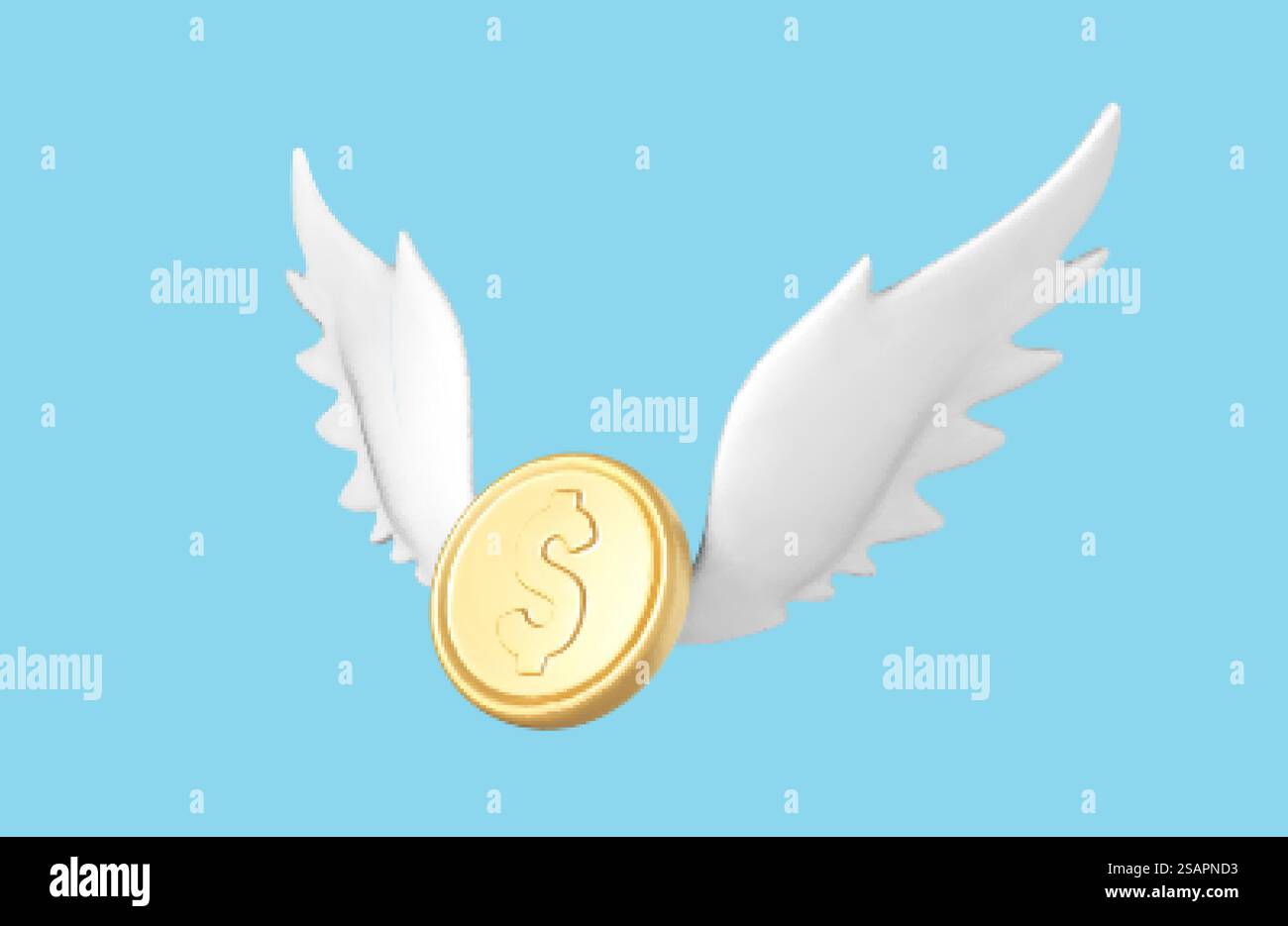 3D flying golden coin with wings isolated on blue background. Vector 3d ...