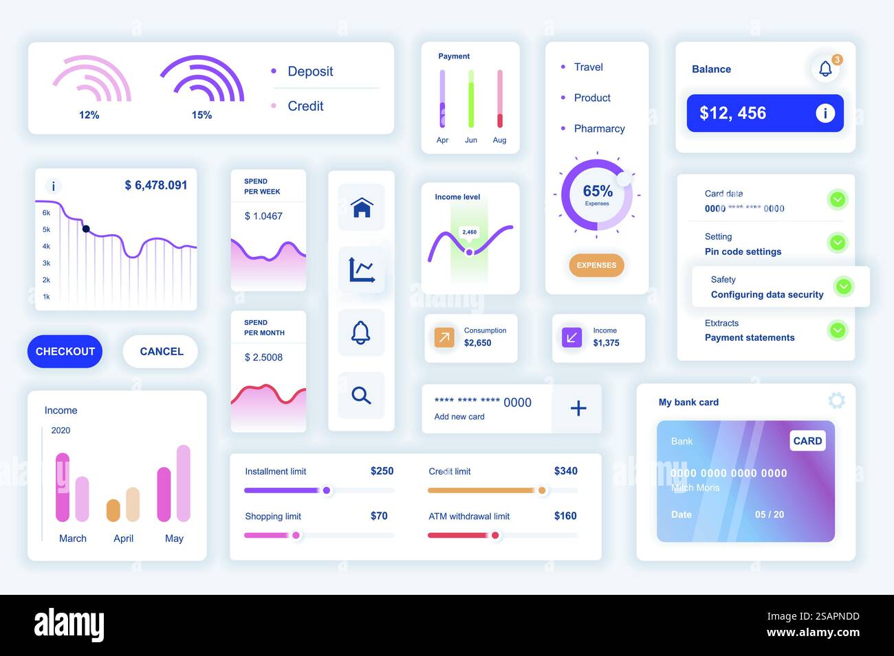 User interface elements set for finance mobile app. Kit template with HUD diagrams, deposit or ...