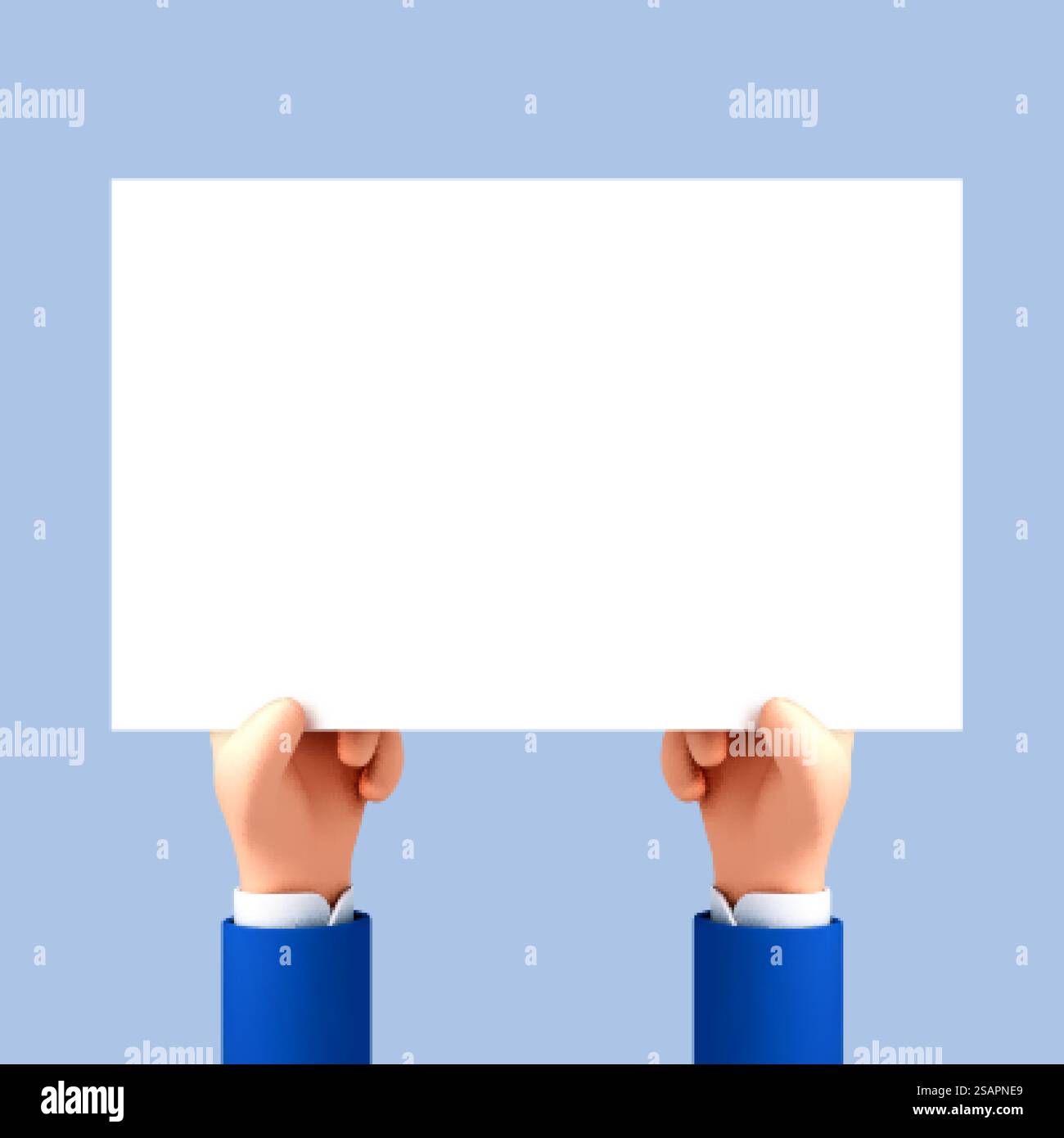 3D cartoon hands holding empty sign board. White empty sheet of paper ...