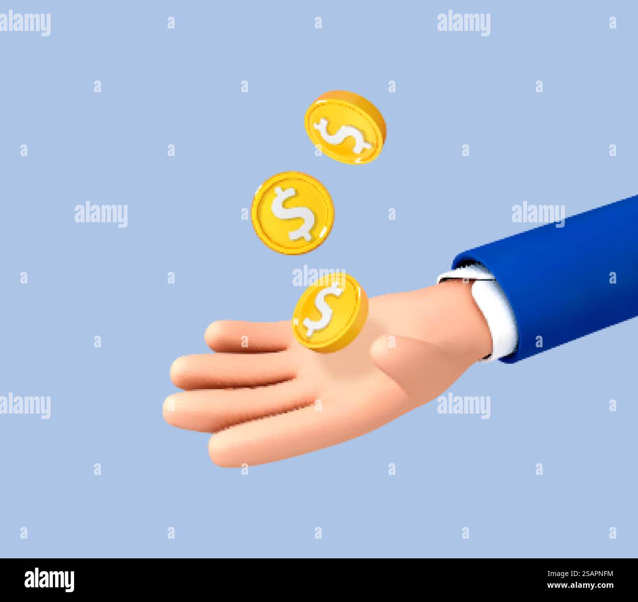 3D cartoon hand with money isolated on blue background. Golden coins ...