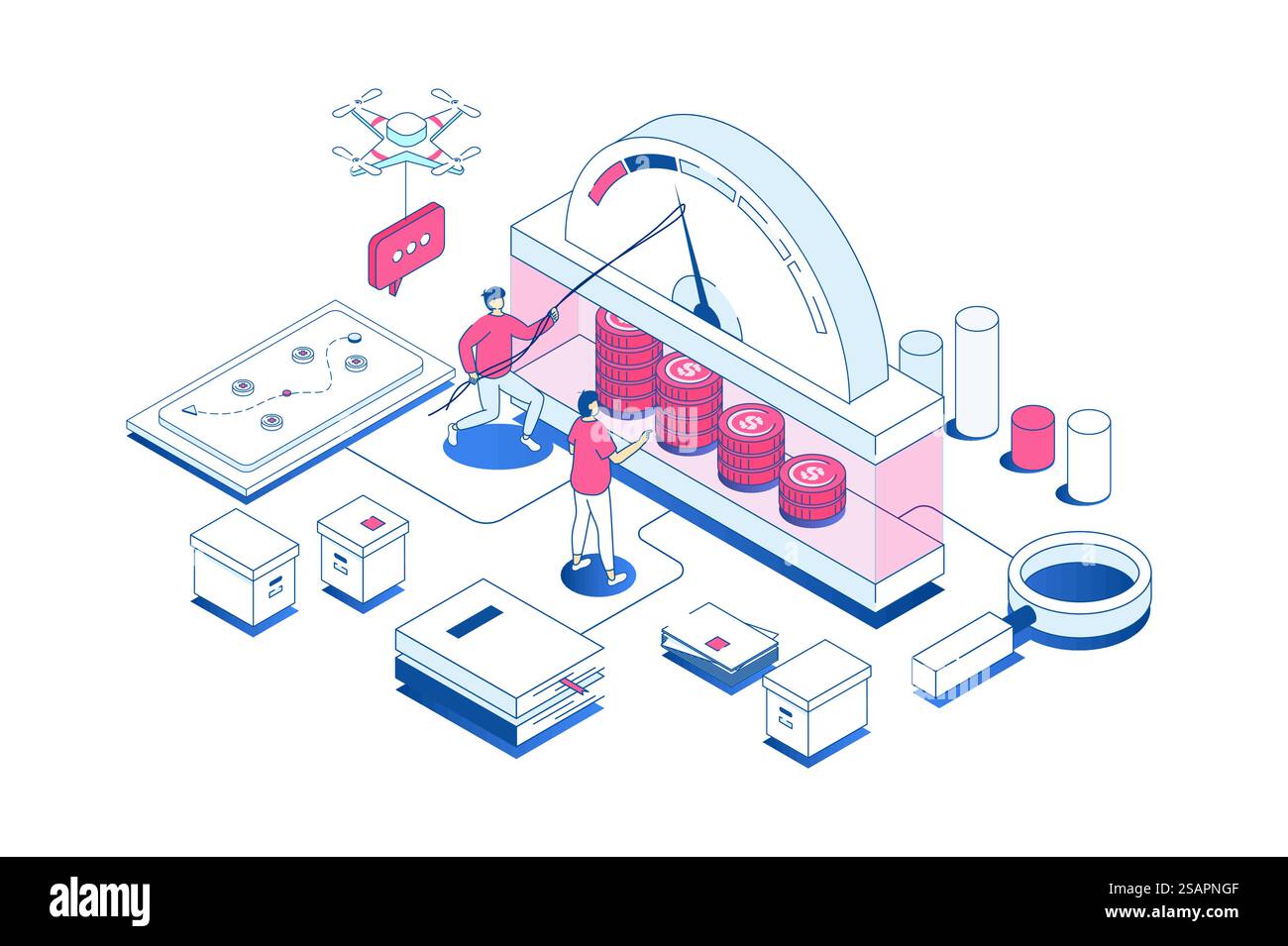 Crisis management concept in 3d isometric design. Manager team analyzing speedometer data ...