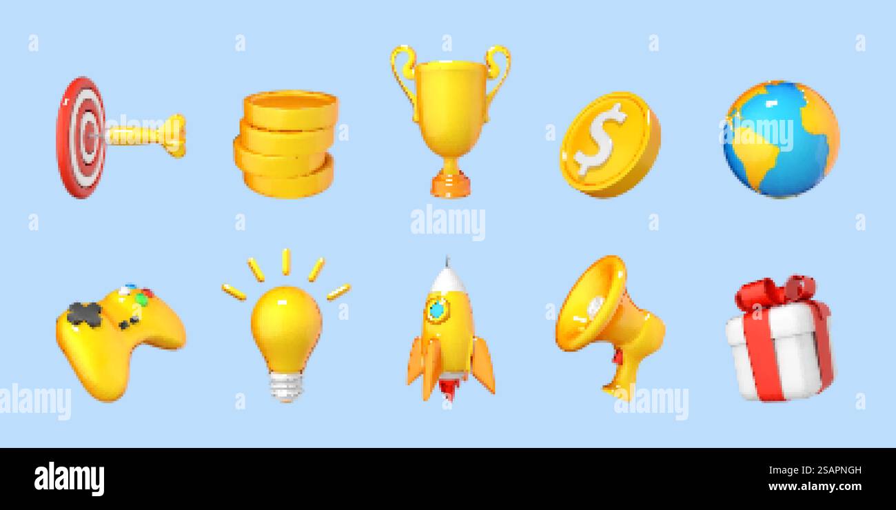 3D cartoon icons set isolated on blue background. Business cartoon ...
