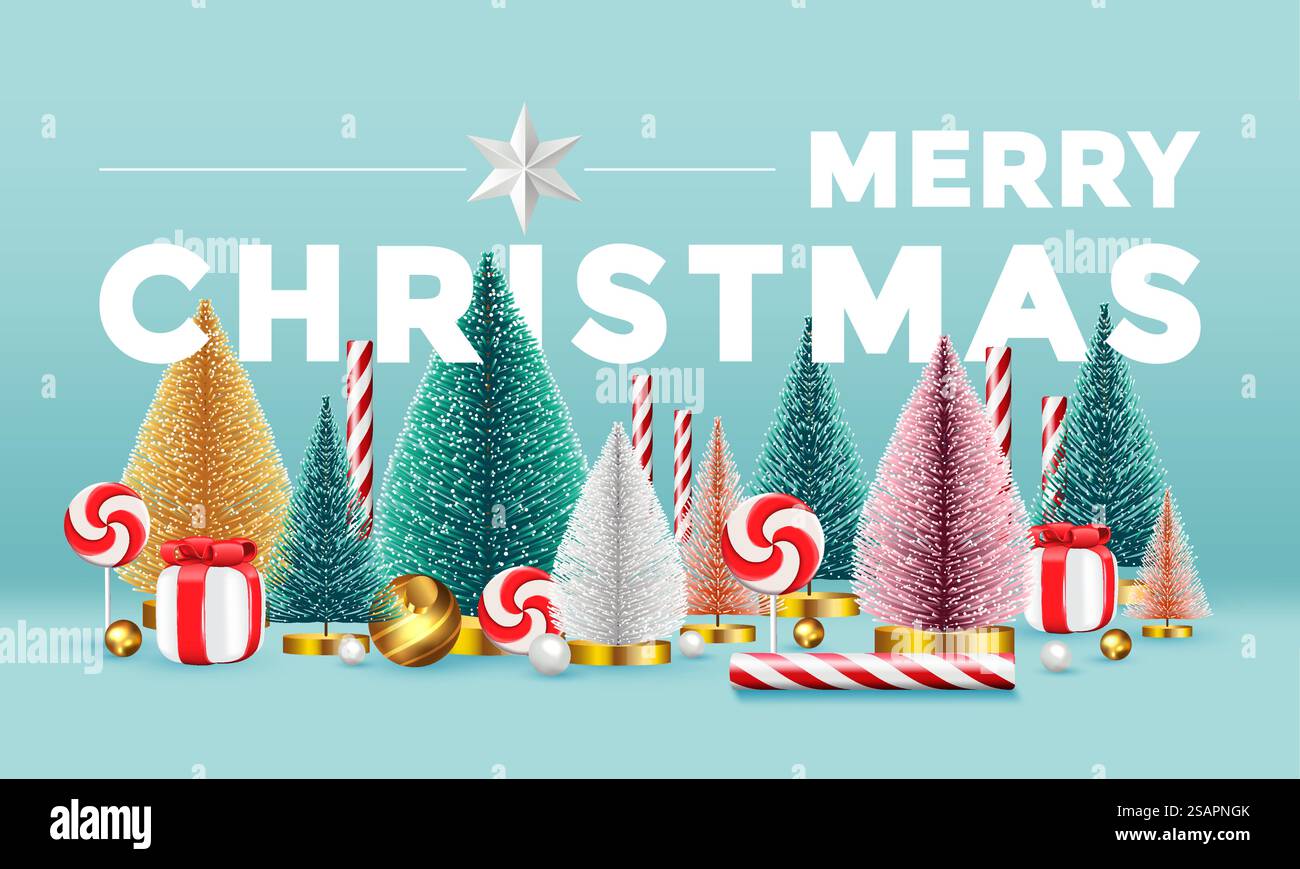 Christmas composition with white, green and gold Christmas trees ...