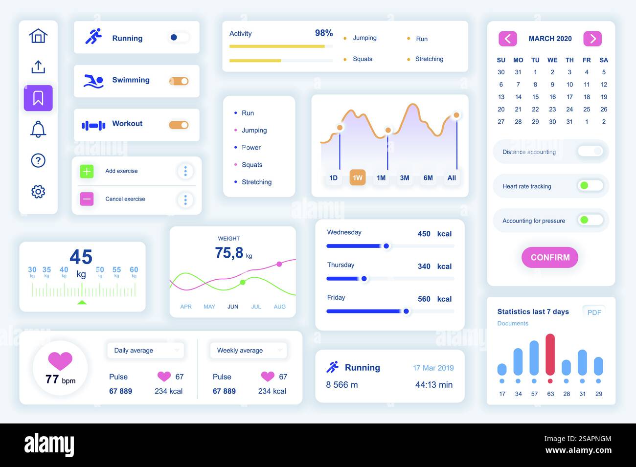 User interface elements set for fitness mobile app. Kit template with HUD diagrams, running ...