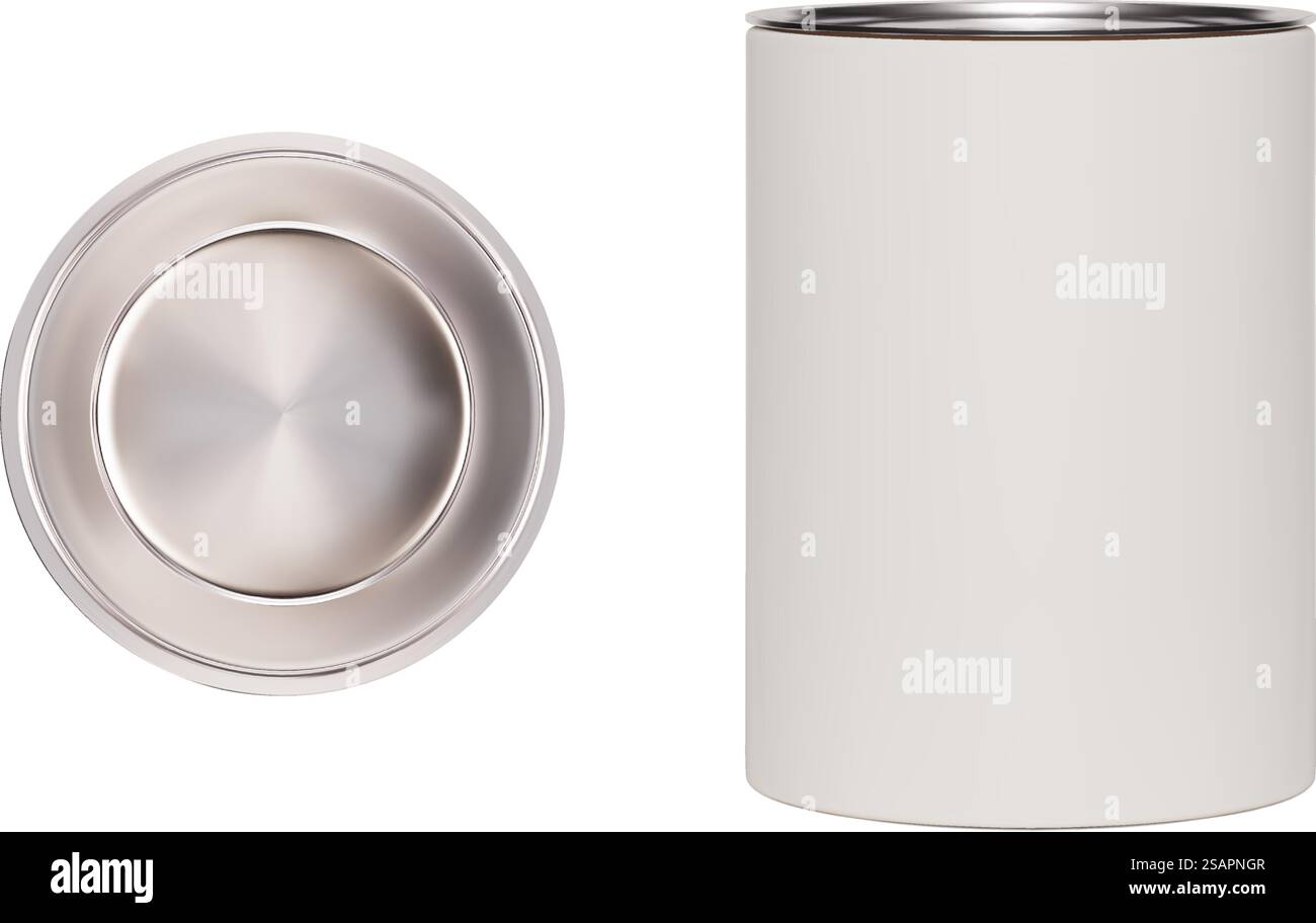 Realistic white cylindrical carton box with silver lid isolated from ...
